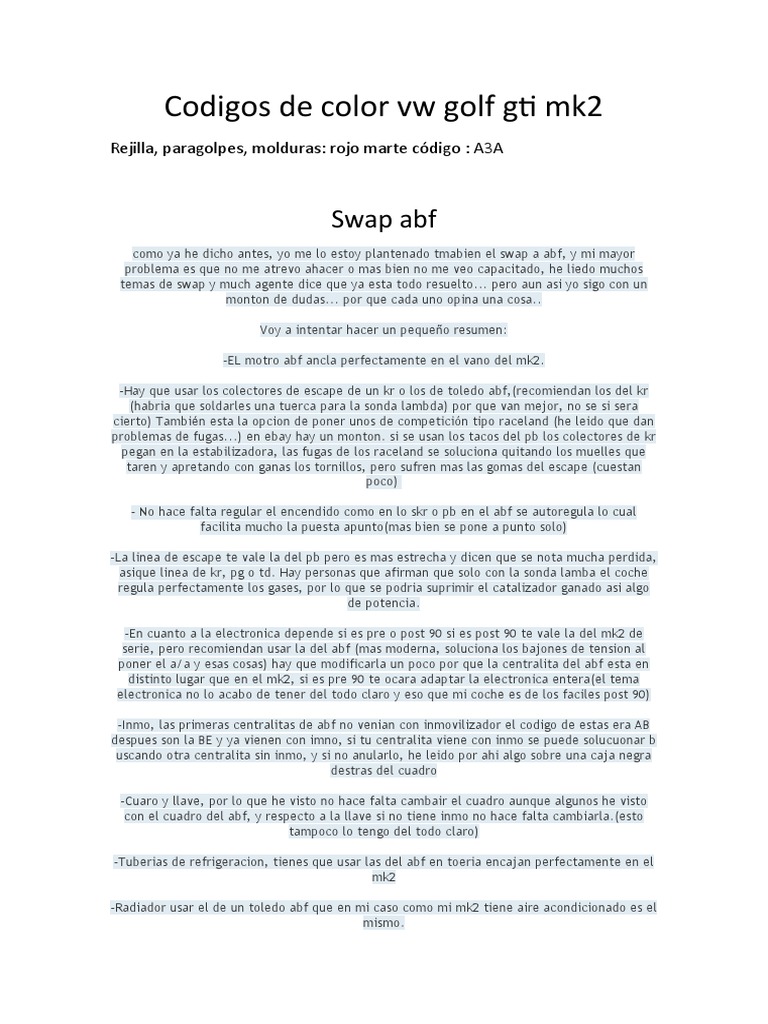 Codigos de Color VW Golf Gti mk2 | PDF | Tecnología de vehículos ...