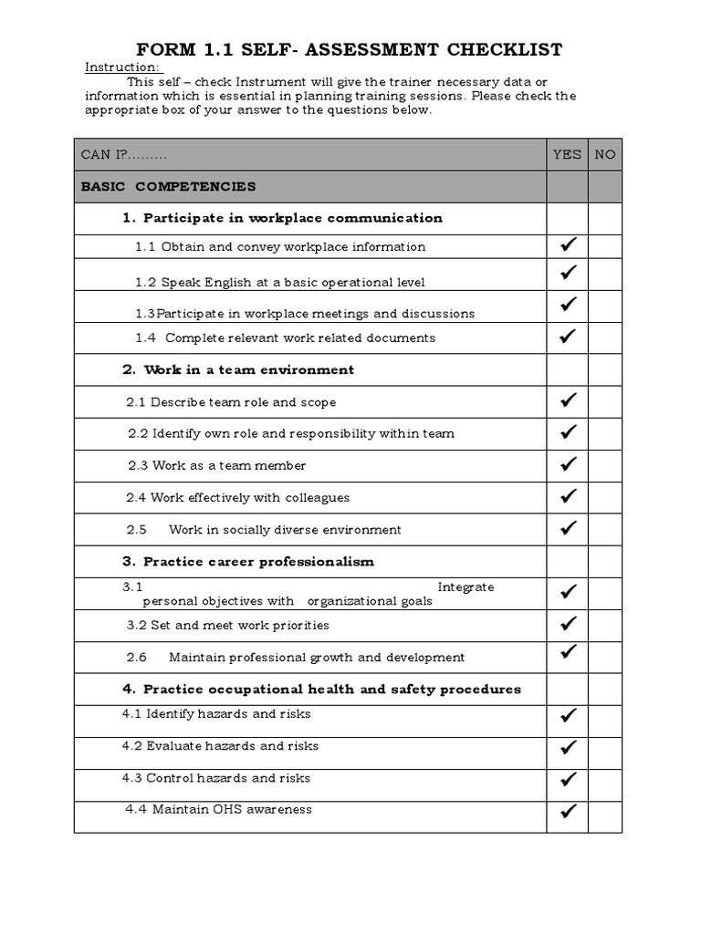 Form 1.1 Self-Assessment Checklist: CAN I?......... Yes No | PDF ...