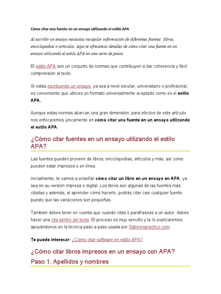 Cómo Citar Una Fuente en Un Ensayo Utilizando El Estilo APA | PDF ...
