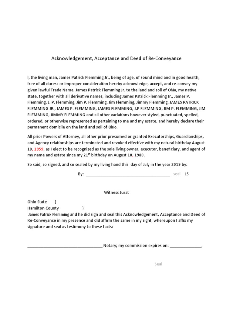 Acknowledgement, Acceptance and Deed of Re-Conveyance | PDF | Signature ...