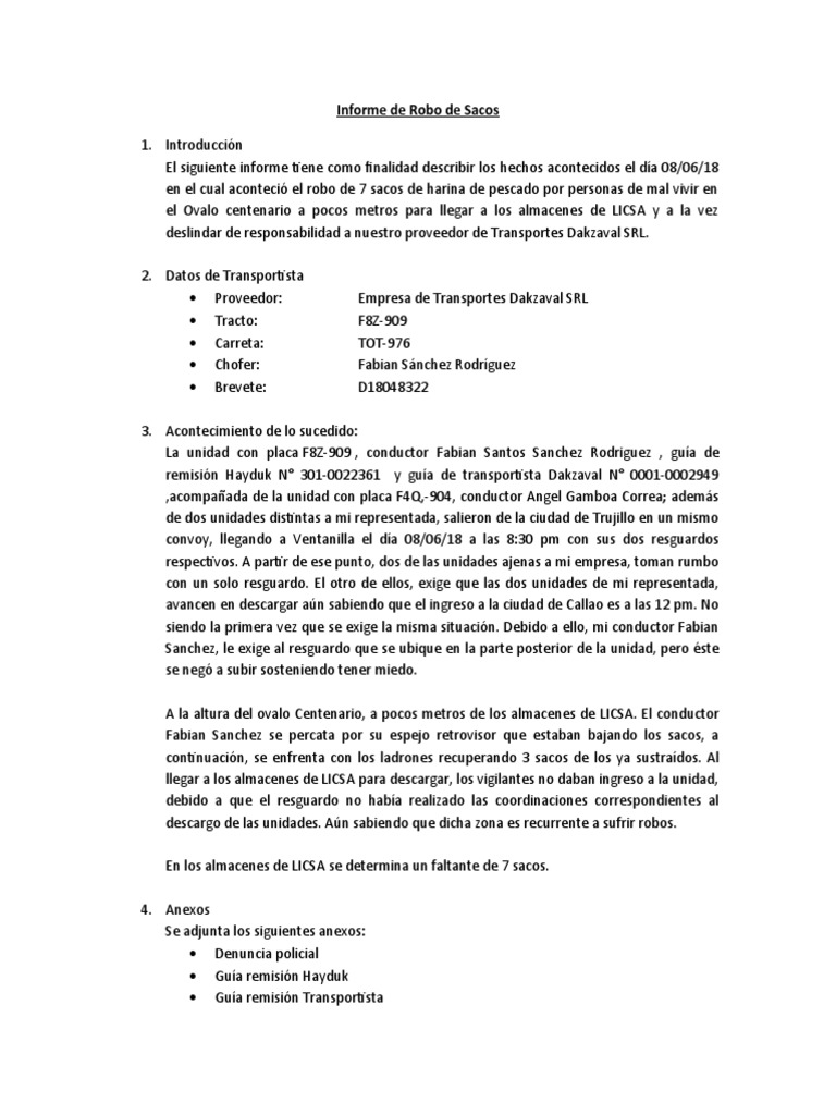Informe de Robo de Sacos | PDF