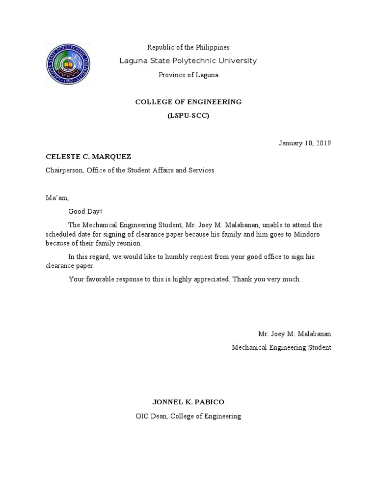 Request for Clearance Signature on Behalf of Student Unable to Attend ...