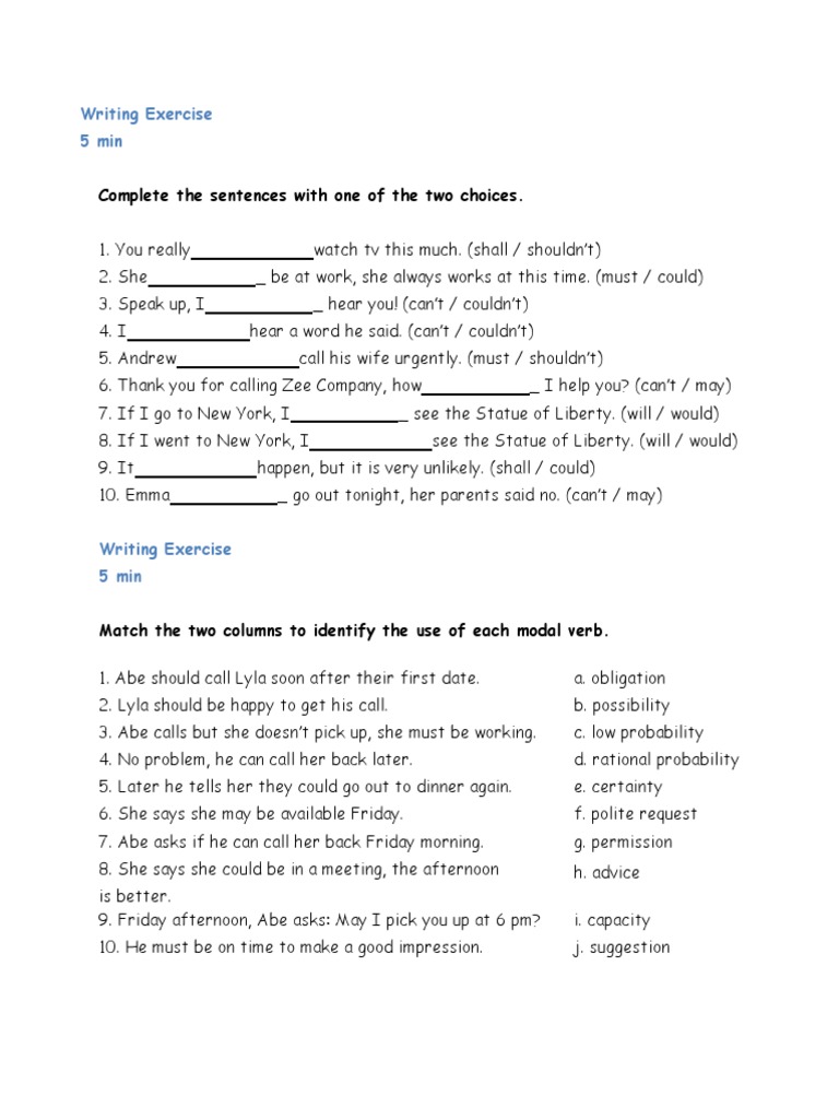 Complete The Sentences With One of The Two Choices.: Writing Exercise 5 ...