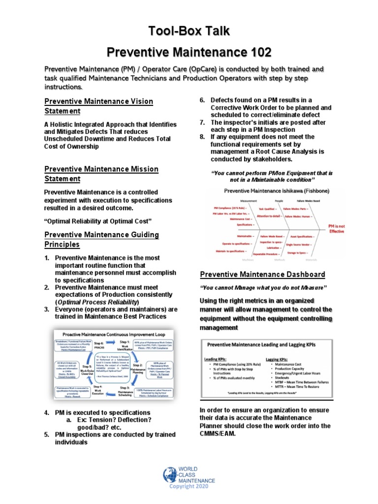 Preventive Maintenance 102 - Tool Box Talk | PDF | Reliability ...