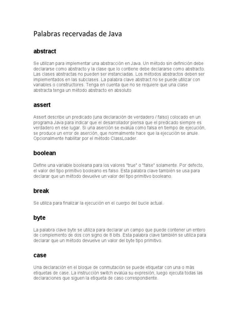 Palabras reservadas de Java y sus usos | PDF | Java (lenguaje de ...