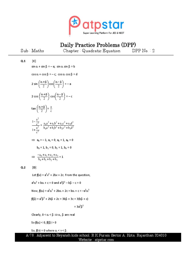 Daily Practice Problems (DPP) : Sub: Maths Chapter: Quadratic Equation DPP No.: 2 | PDF ...