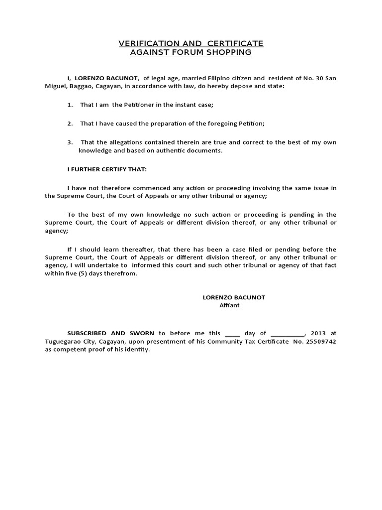 Affidavit Verification Against Forum Shopping | PDF | Affidavit | Courts