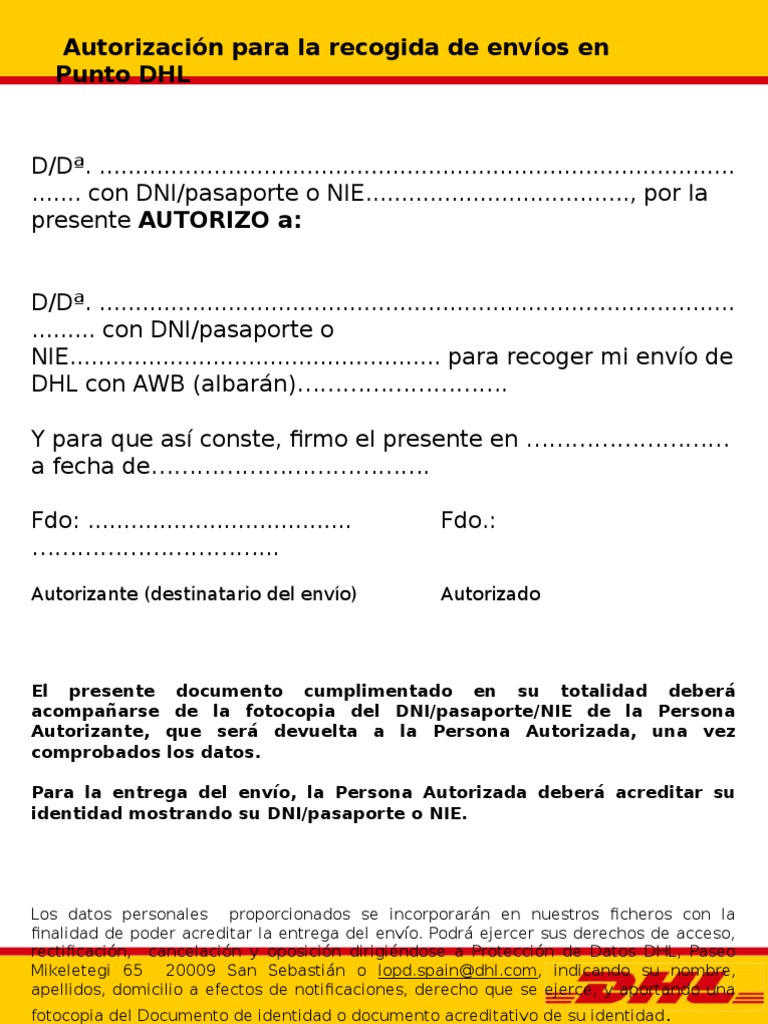Autorización para La Recogida de Envíos en Punto DHL: Autorizante (Destinatario Del Envío ...