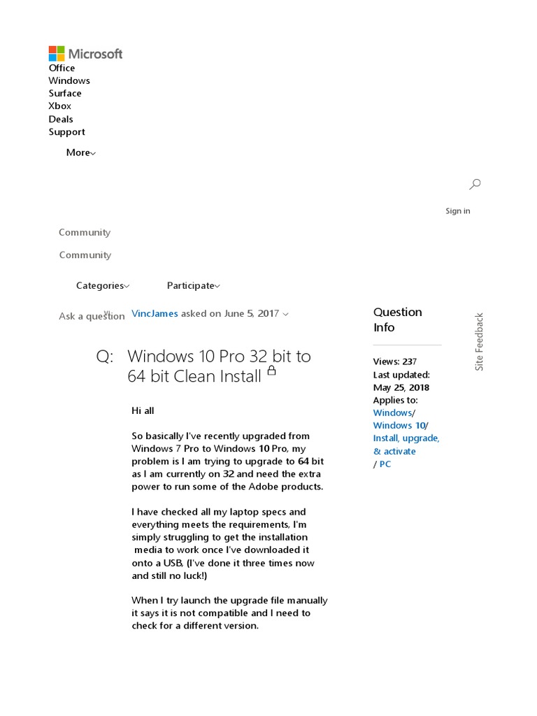 Windows 10 Pro 32 Bit To 64 Bit Clean Install - Microsoft Commu | PDF | Windows 10 | 64 Bit ...
