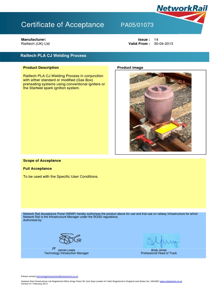 Network Rail PLA Welding Process Certificate of Approval EN | PDF ...