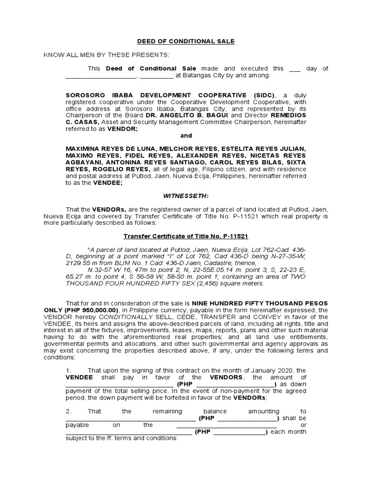 DEED OF CONDITIONAL SALE Putlod | PDF | Payments | Taxes
