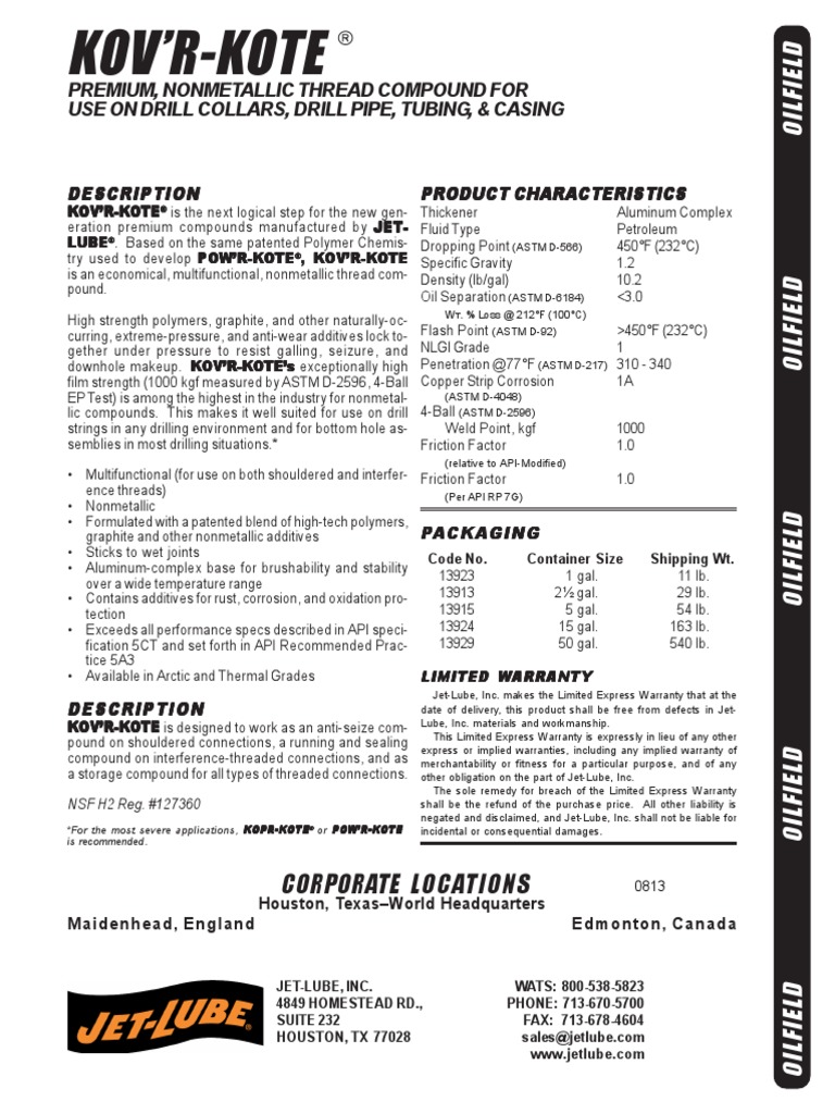 Kov'R-Kote: Premium, Nonmetallic Thread Compound For Use On Drill ...