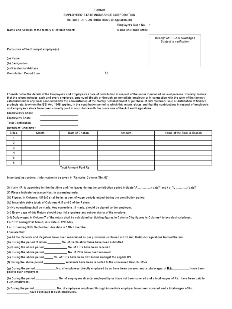 ESI Form 5 | PDF | Employment | Government