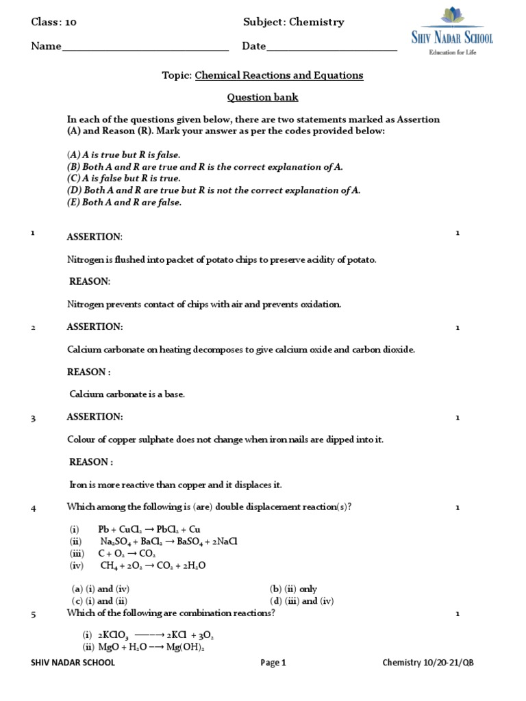 Chemistry Question Bank: Chemical Reactions and Equations | PDF ...