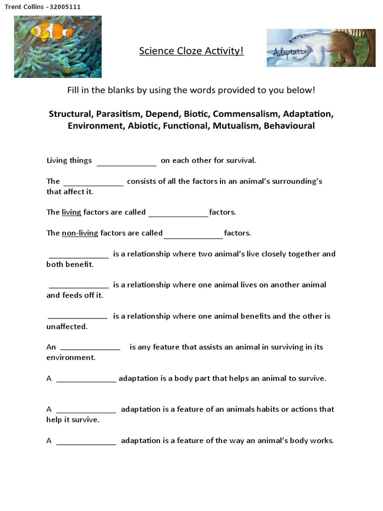 Lesson 3 - Science Cloze Activity | PDF | Self-Improvement