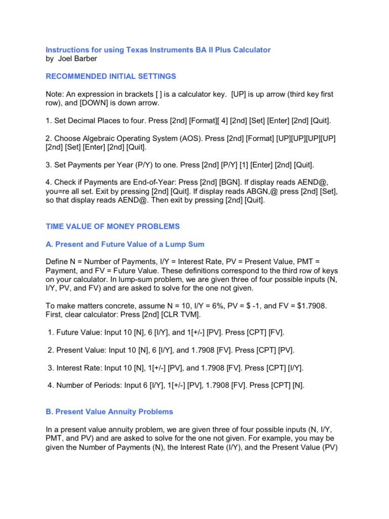 Instructions For Using Texas Instruments BA II Plus Calculator | PDF ...