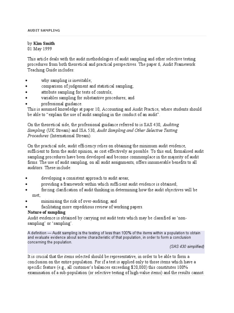 Sampling (UK Stream) and ISA 530, Audit Sampling and Other Selective ...