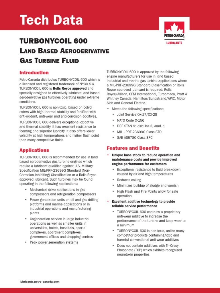 Tech Data: Turbonycoil 600 L B A G T F | PDF | Gas Turbine | Lubricant