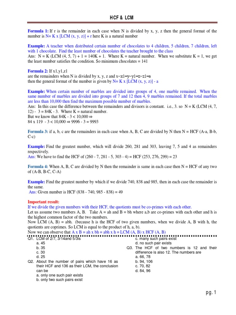 HCF & LCM: Formula 1 | Download Free PDF | Arithmetic | Number Theory