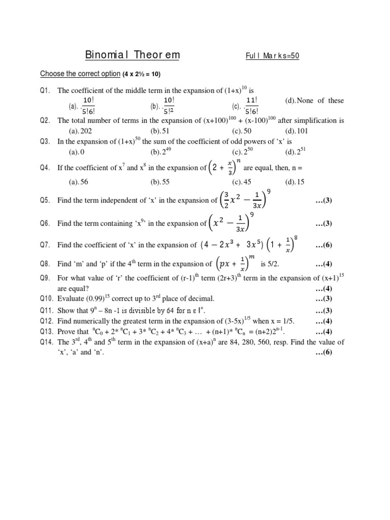 Binomial Theorem: Full Marks 50 Choose The Correct Option Q1. (A ...