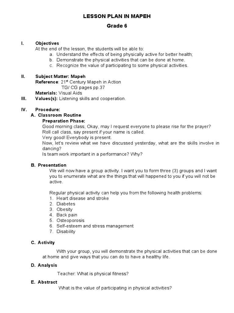 Lesson Plan in Mapeh Grade 6 | PDF | Lesson Plan | Self Esteem