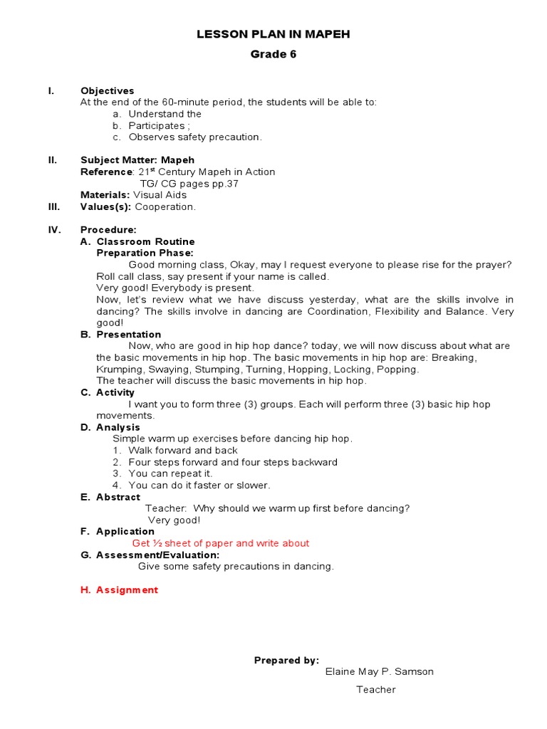 LESSON PLAN IN MAPEH Hip Hop | PDF | Career & Growth | Language Arts ...