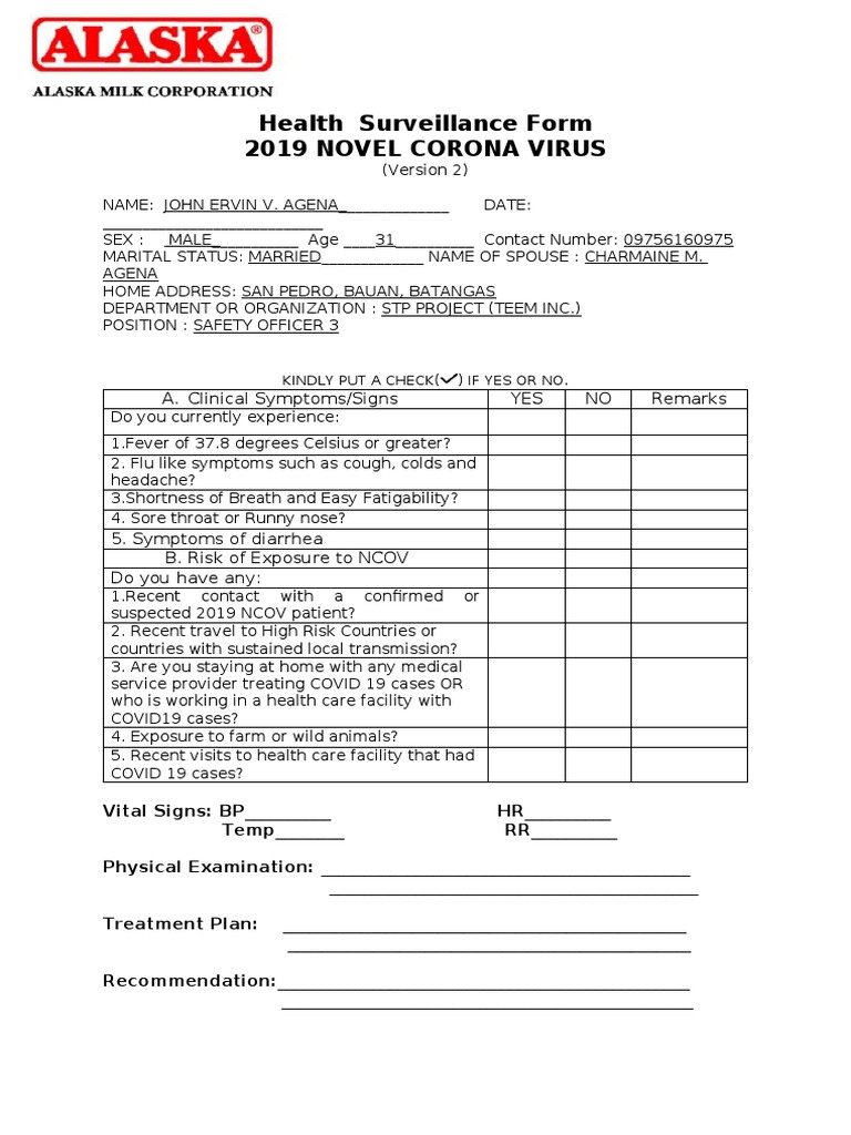 Health Surveillance Form 2019 Novel Corona Virus: A. Clinical Symptoms ...