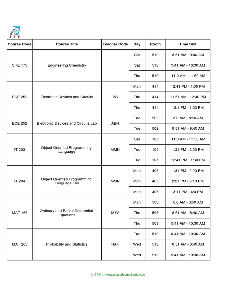 Course Code Course Title Teacher Code Day Room Time Slot | Download ...
