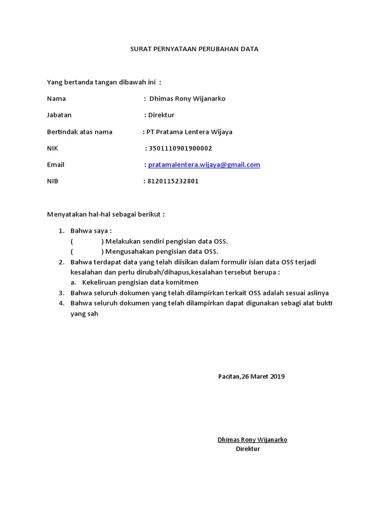 Surat Pernyataan Perubahan Data | PDF