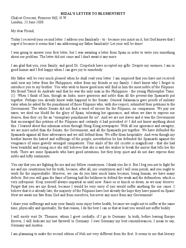 Rizal'S Letter To Blumentritt | PDF