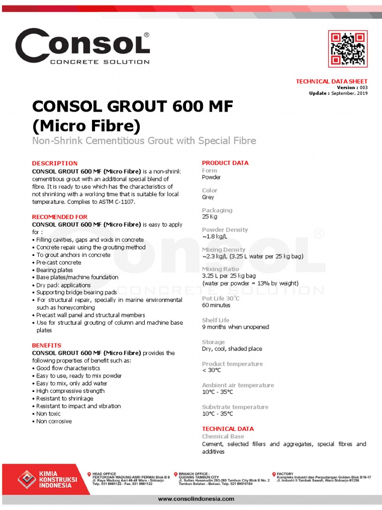 Consol Grout 600 MF PDF | PDF | Precast Concrete | Concrete