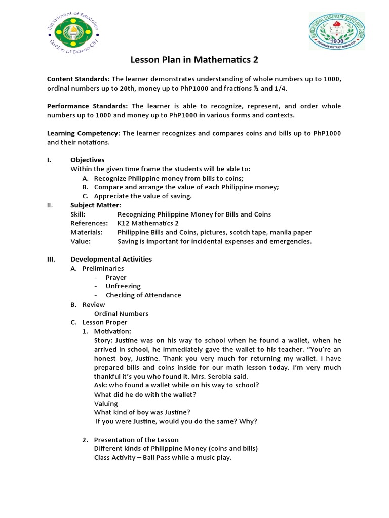 Lesson Plan in Mathematics 2 | PDF | Lesson Plan | Learning