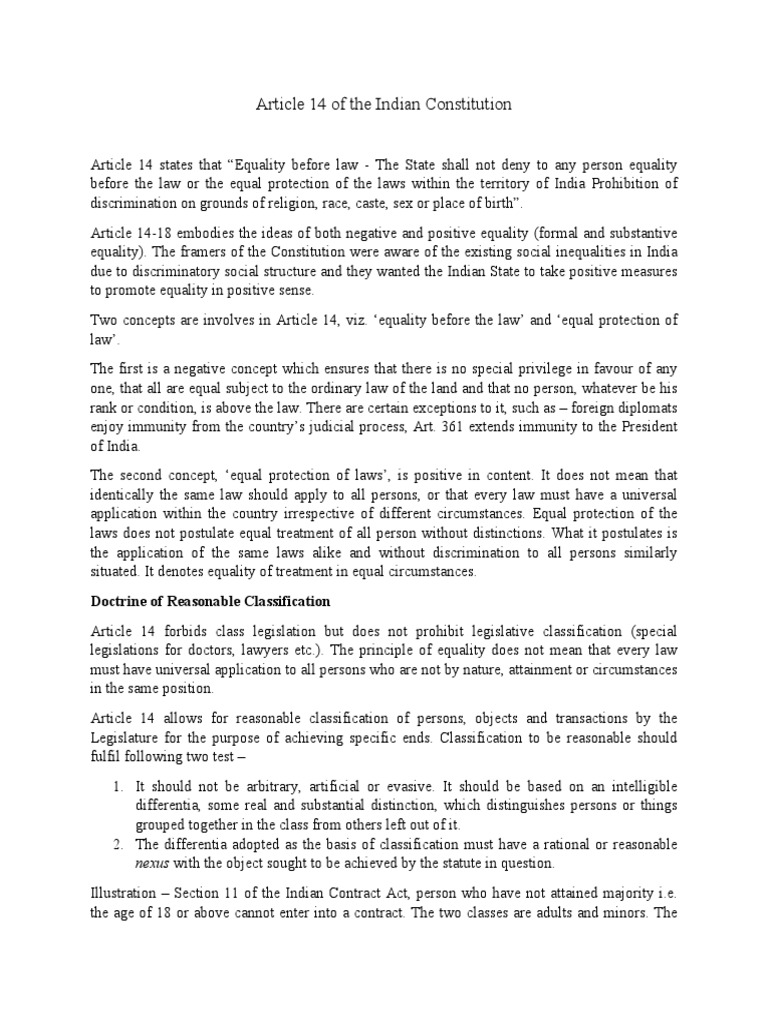 Article 14 of The Indian Constitution | PDF | Equal Protection Clause ...