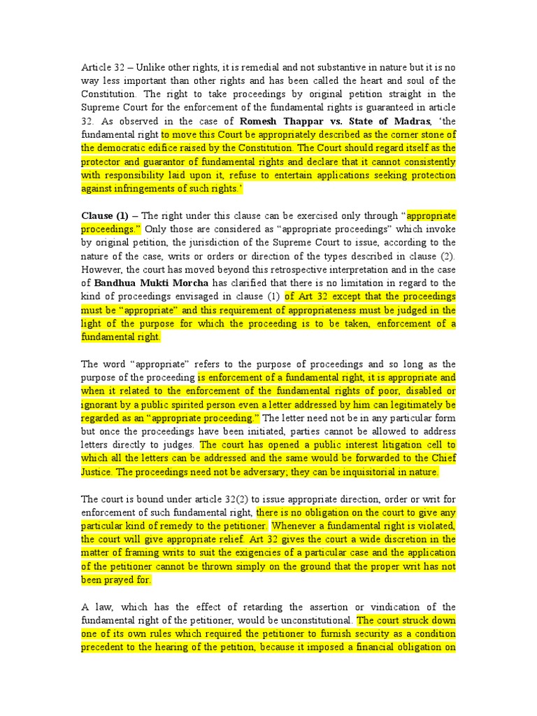 Article 32 of Indian Constitution | PDF | Writ | Fundamental Rights