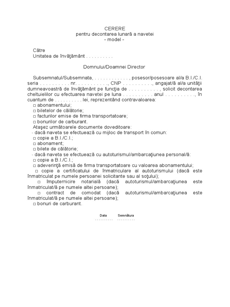 Cerere Decontare Naveta | PDF