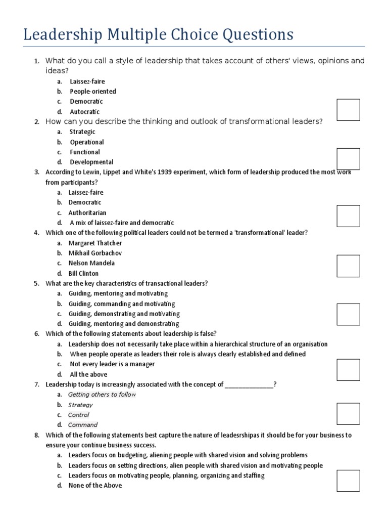 Leadership Multiple Choice Questions | PDF | Leadership | Behavioural ...