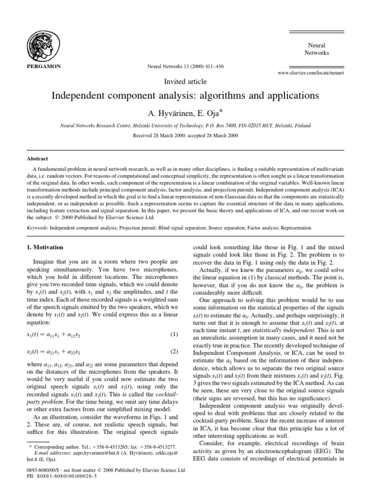 Hyvärinen, Oja - 2000 - Independent Component Analysis Algorithms and Applications PDF | PDF ...