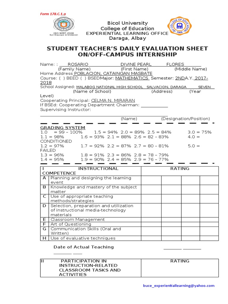 Student Teacher'S Daily Evaluation Sheet On/Off-Campus Internship | PDF ...