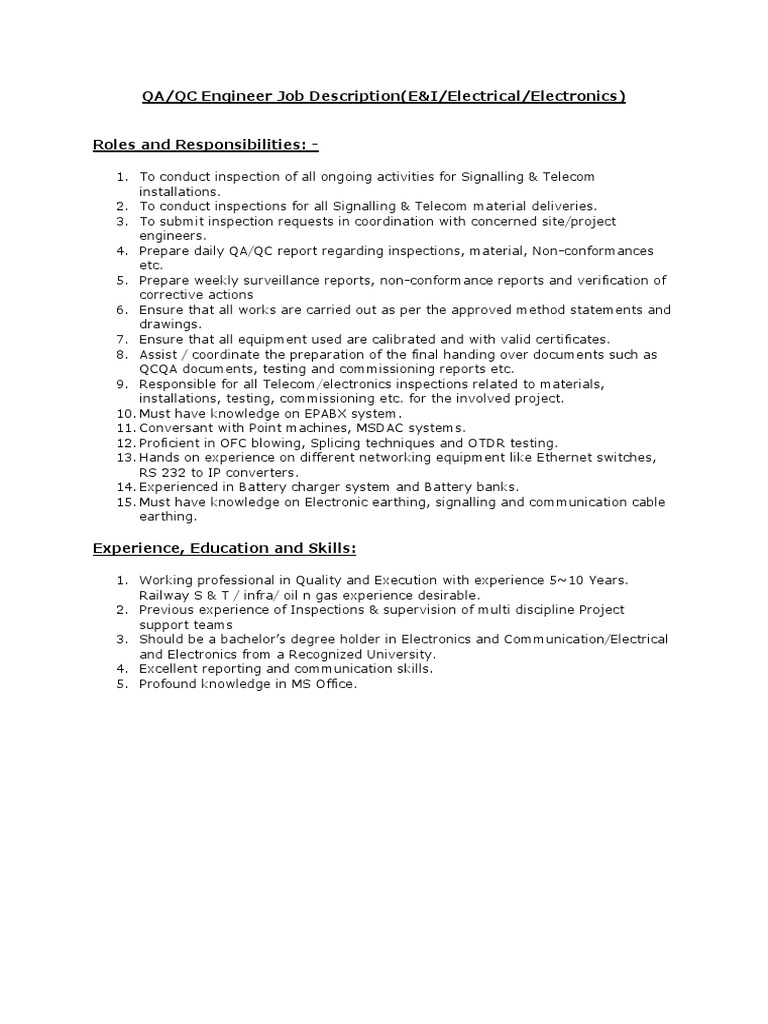 QA/QC Engineer Job Description (E&I/Electrical/Electronics) | PDF