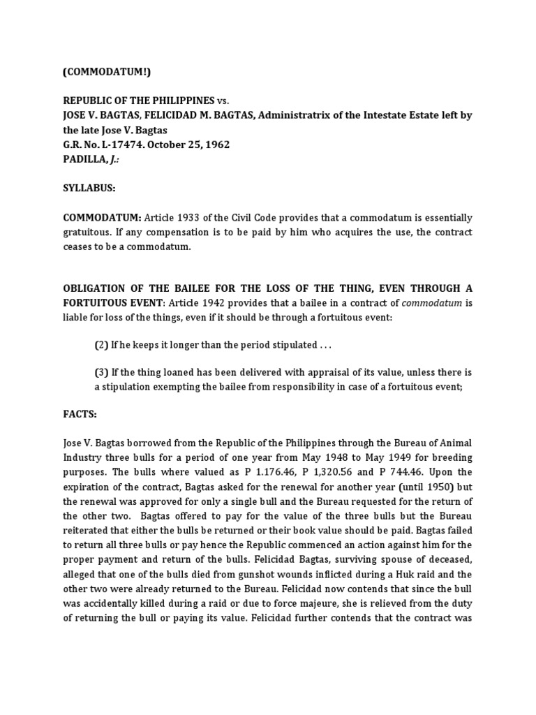 Liability of a Bailee in a Commodatum Contract: Analysis of Republic of ...