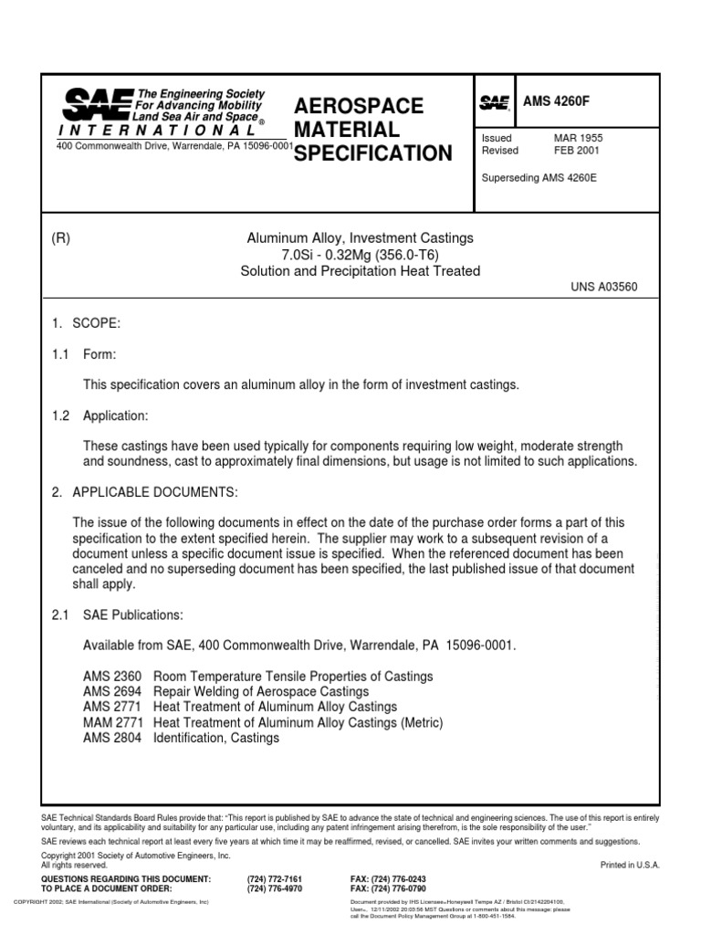 Aerospace Material Specification | PDF | Casting (Metalworking) | Heat ...