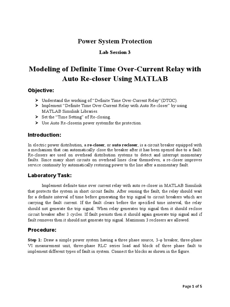 Modeling of Definite Time Over-Current Relay With Auto Re-Closer Using ...