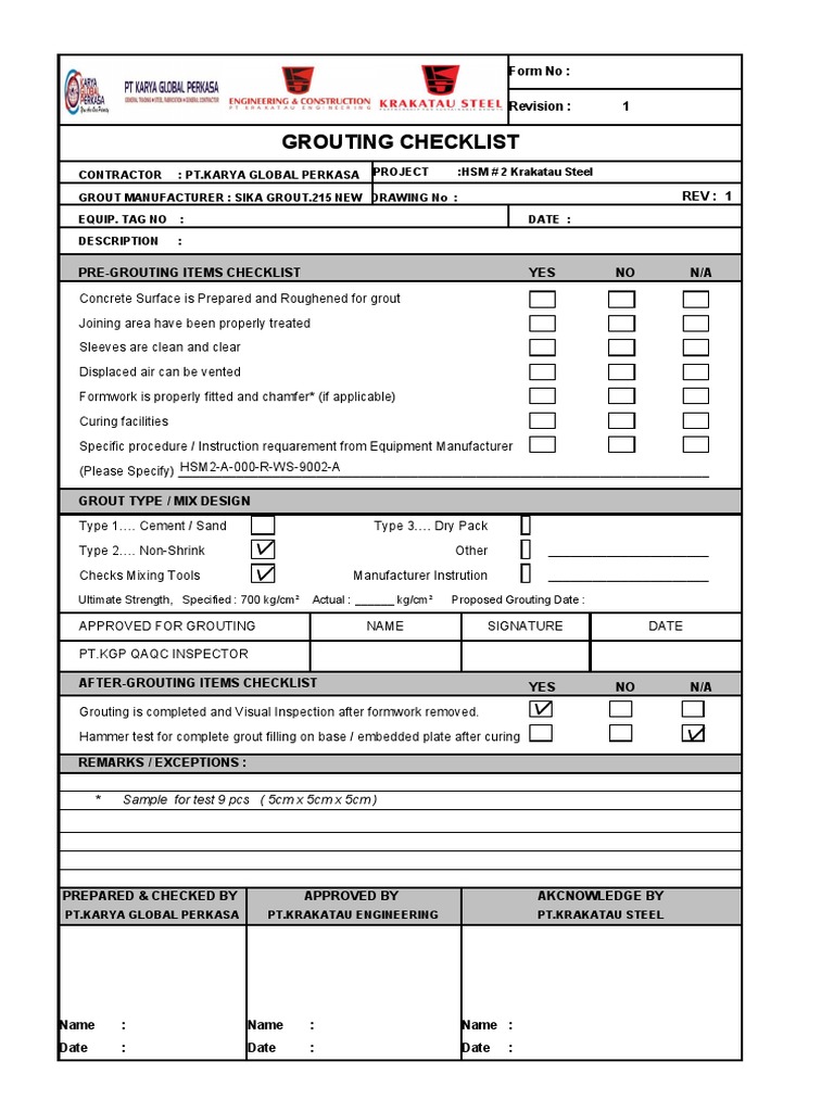 Sample Checklist Grouting | PDF