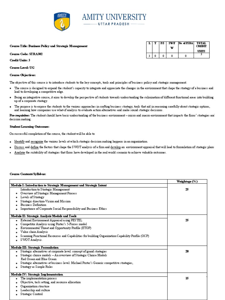 Strategic Management Course Outline: Analyzing Business Strategy ...