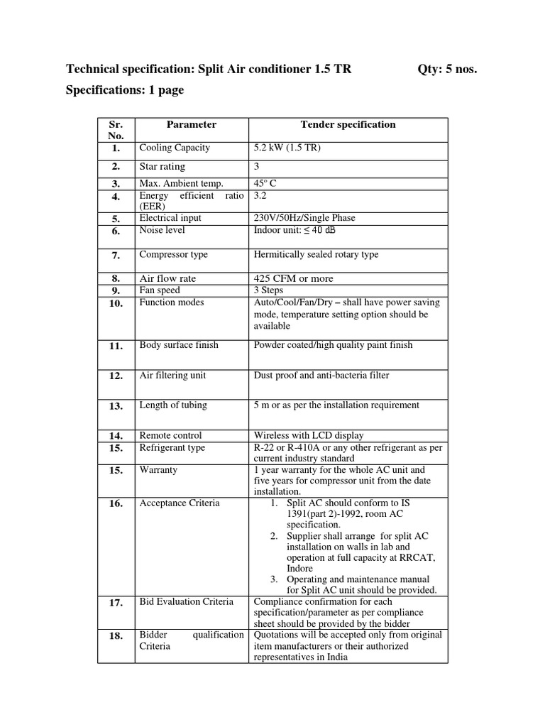 Technical Specification: Split Air Conditioner 1.5 TR Qty: 5 Nos ...