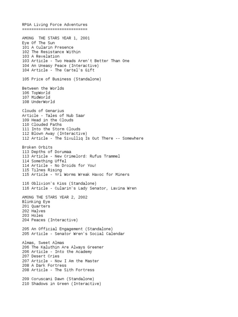 Living Force Adventures Index | PDF | Star Wars | Unrest