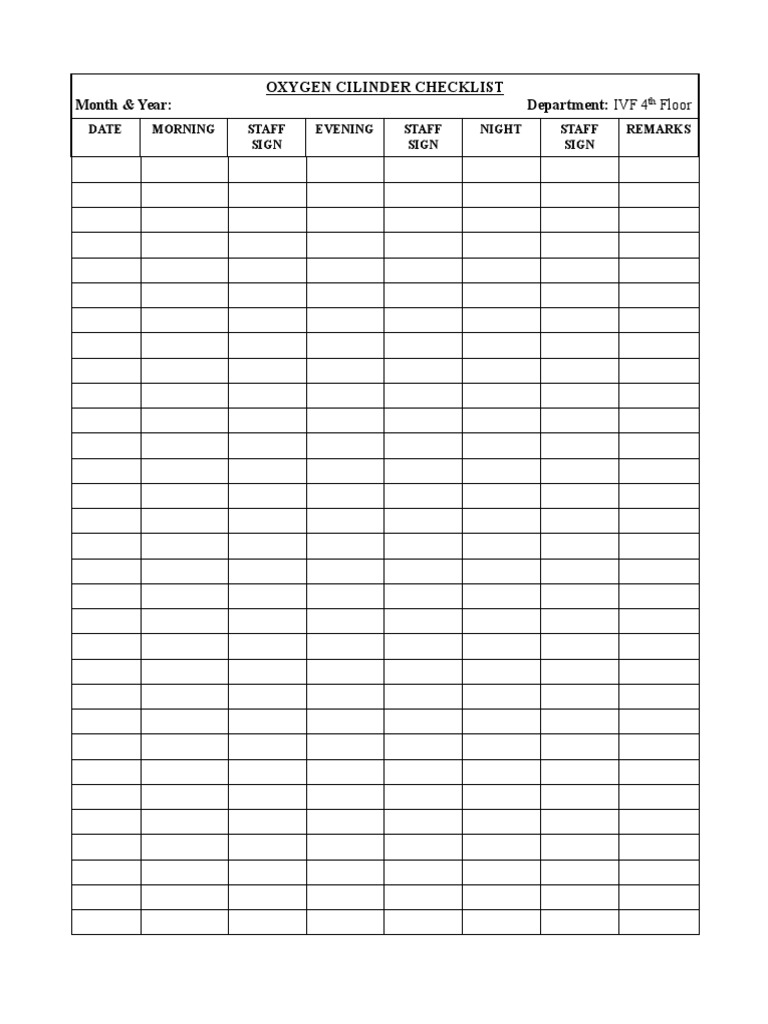Oxygen Cilinder Checklist Month & Year: Department: Ivf 4 | PDF