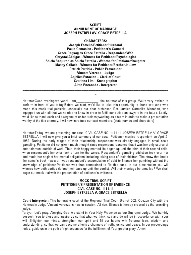 Mock Trial Script: Annulment Case | PDF | Witness | Affidavit