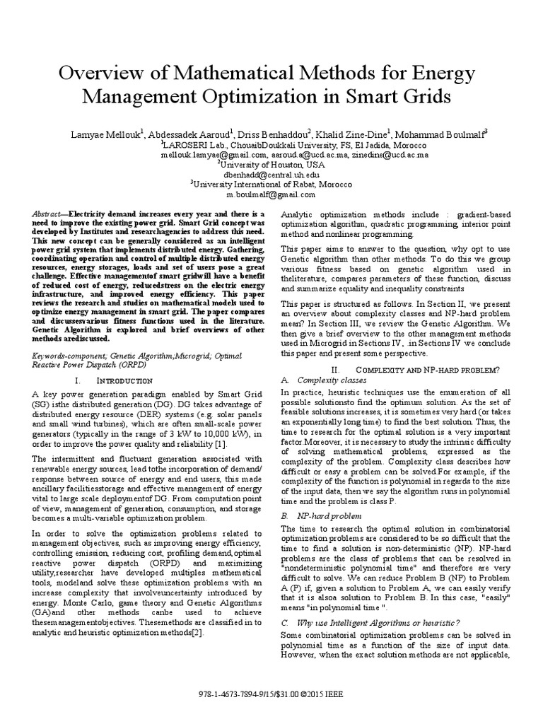 Of Mathematical Methods For Energy Management Optimization in Smart Grids | PDF | Mathematical ...