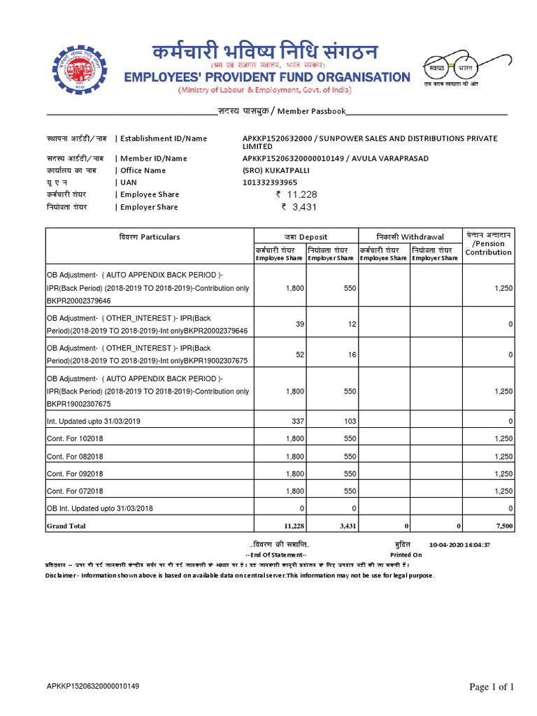 Epf Pass Book Avula Varaprasad | PDF | Business